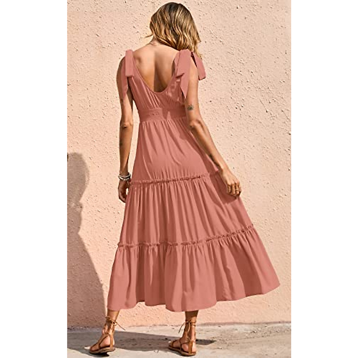 PRETTYGARDEN Women's Cross Neck Summer Sleeveless Tiered Maxi Dress Beach Tie Strap Smocked Long Dresses Pleated Sundress (Nude Pink,Medium)
