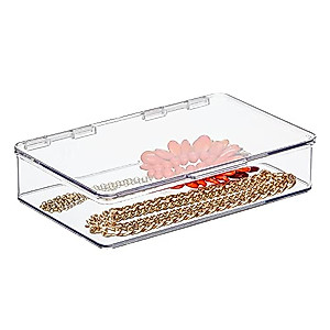 mDesign Plastic Closet Storage Organizer Box Containers with Hinged Lid for Shelves or Cabinets, Holds Necklaces, Hair Ties, Bracelets, Earrings, Wallets, Cosmetics, and Accessories - 2 Pack - Clear