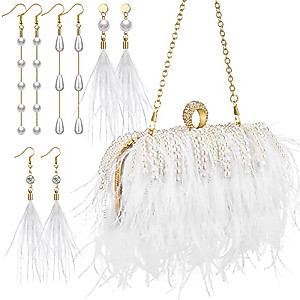 5 Pcs Women Feather Evening Bags Feather Clutch Purse Pearl Bag Pearl Drop Dangle Feather Earrings for Wedding Banquet Party (,)