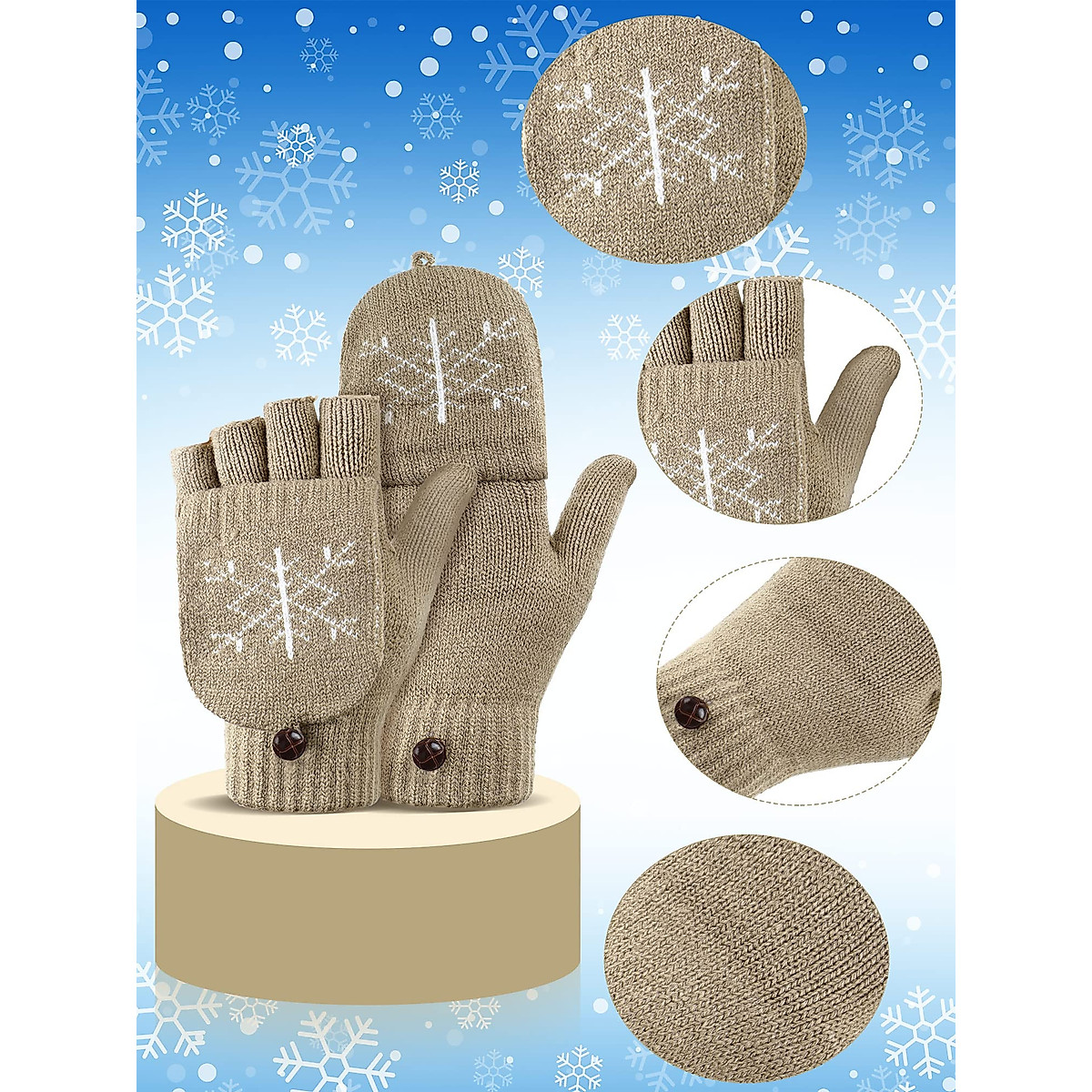 4 Pairs Women Knitted Winter Fingerless Gloves Thermal Convertible Knit Flip Wool Gloves Warm Half Finger Mittens for Women (White, Black, Gray, Khaki, Snowflake Style)