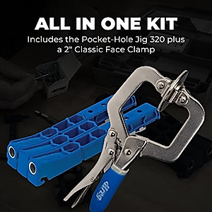 Kreg Pocket-Hole Jig 320 with Classic 2" Face Clamp - Durable Kreg Pocket-Hole Jig - Includes Wood Clamps for Woodworking - Jig for Tight Spaces - For Materials 1/2" to 1 1/2" Thick