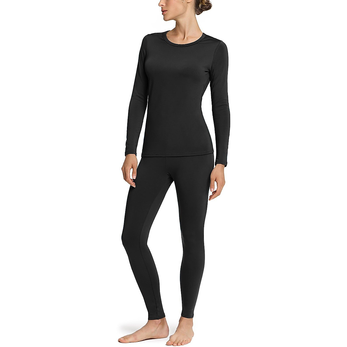 TSLA Women's Thermal Underwear Set, Soft Fleece Lined Long Johns, Winter Warm Base Layer Top & Bottom, Fleece Set Black, Small