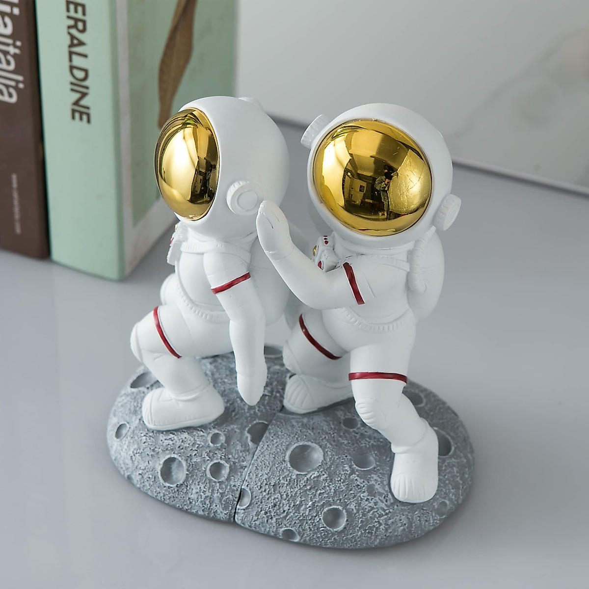 Banllis Space Theme Bookends for Shelves, Astronaut Moon Book Ends for Kids Room, Decorative Planet Book Stoppers to Hold Books Heavy Duty, Unique Boys and Girls Gift (Gray)