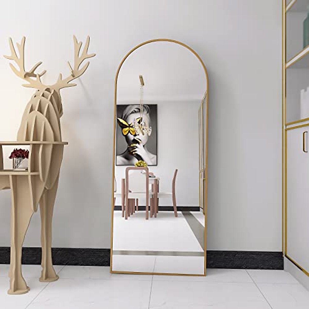 LFT HUIMEI2Y Arched Full Length Mirror, 65"x23.6" Full Body Mirror with Stand or Leaning Against Wall,Mirror with Aluminum Alloy Frame for Bedroom or Living Room, Gold