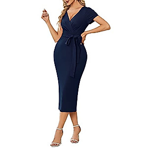 Ever-Pretty Women's Bodycon V Neck Short Sleeves Summer Casual Wedding Guest Dresses Navy Blue S