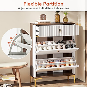 Tribesigns Shoe Cabinet for Entryway Slim: Shoe Storage Organizer Cabinet with 2 Flip Drawers, Wooden Shoe Rack with Gold Metal Legs for Entrance, Hallway, Living Room, White & Brown
