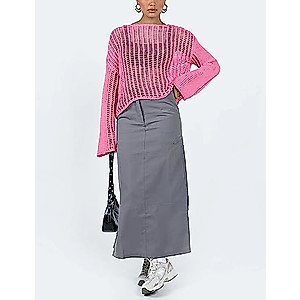 Crochet Tops for Women Summer Hollow Out Knit Sweaters Long Sleeve Crop Mesh Top Fashion Y2k Beach Cover Up Pink L