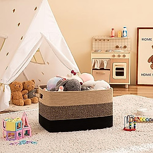 OIAHOMY Large Cotton Rope Basket, Rectangle Woven Baskets for Storage, Nursery Blanket Basket Living Room, Toy Basket with Handle, Large Baskets for Organizing-22”x17”x12”-Yellow Black