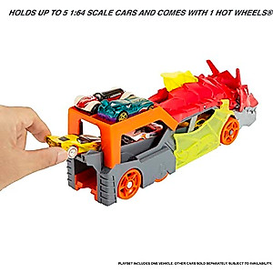 Hot Wheels Toy Car Track Set City Dragon Launch Transporter & 1:64 Scale Car, Stores Up to 5 Vehicles