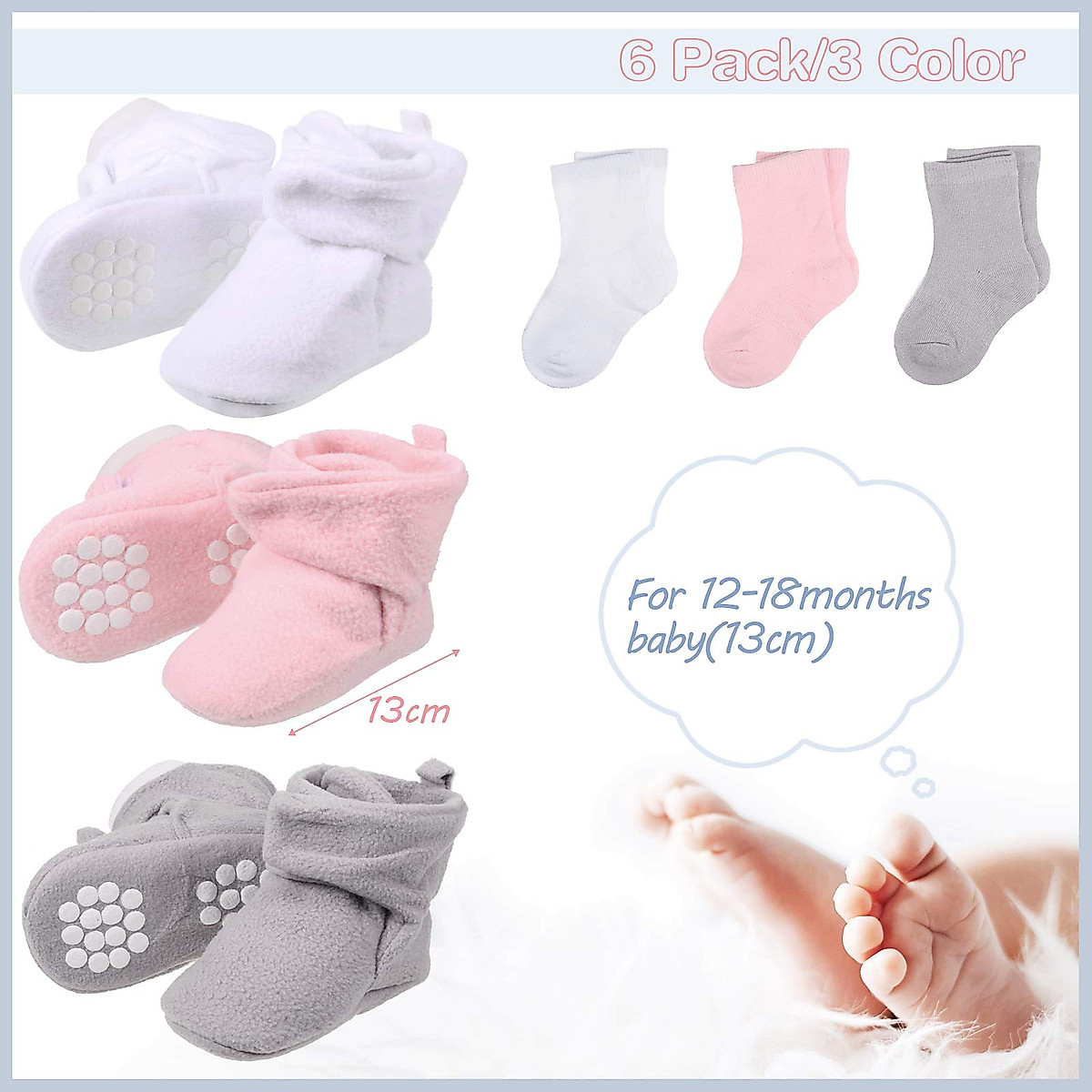 SATINIOR 3 Pairs Unisex Cozy Fleece Baby Booties with 3 Pairs Infant Cotton Socks (White, Gray, Pink,0-6 Months)