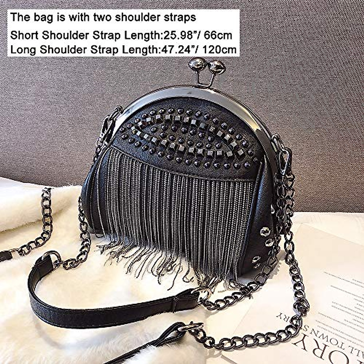 Punk Style Crossbody Bags for Women Rivet Tassel Evening Clutch Purse Ladies Black Chains Shoulder Bag (Black)