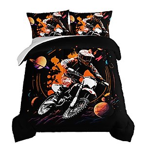 HOSIMA Dirt Bike Bedding Set Twin Size for Boys Teens,Galaxy and Orange Ink Background Motocross Comforter 3 Pieces,Extreme Sports Theme Black Comforter Set Twin with 2 Pillowcases.