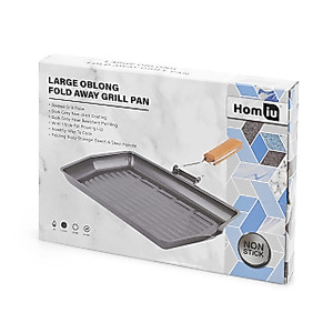 Homiu Griddle Pan Plate Carbon Steel with Non-Stick Ridge Surfaces Frying Pans with Folding Handle for Stoves and Grills (Large Rectangular Pan)