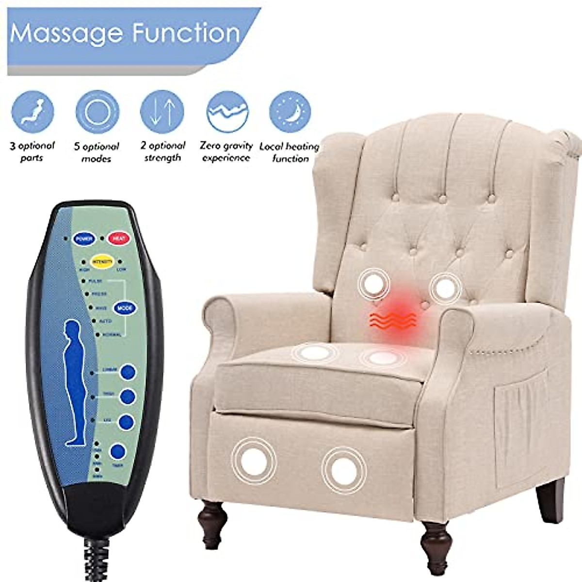 IPKIG Recliner Chair with Heated and Massage, Tufted Comfy Wingback Design Push Back Recliners Armchair Accent Chairs with Side Pockets for Living Room, Bedroom, Home (1, Beige)