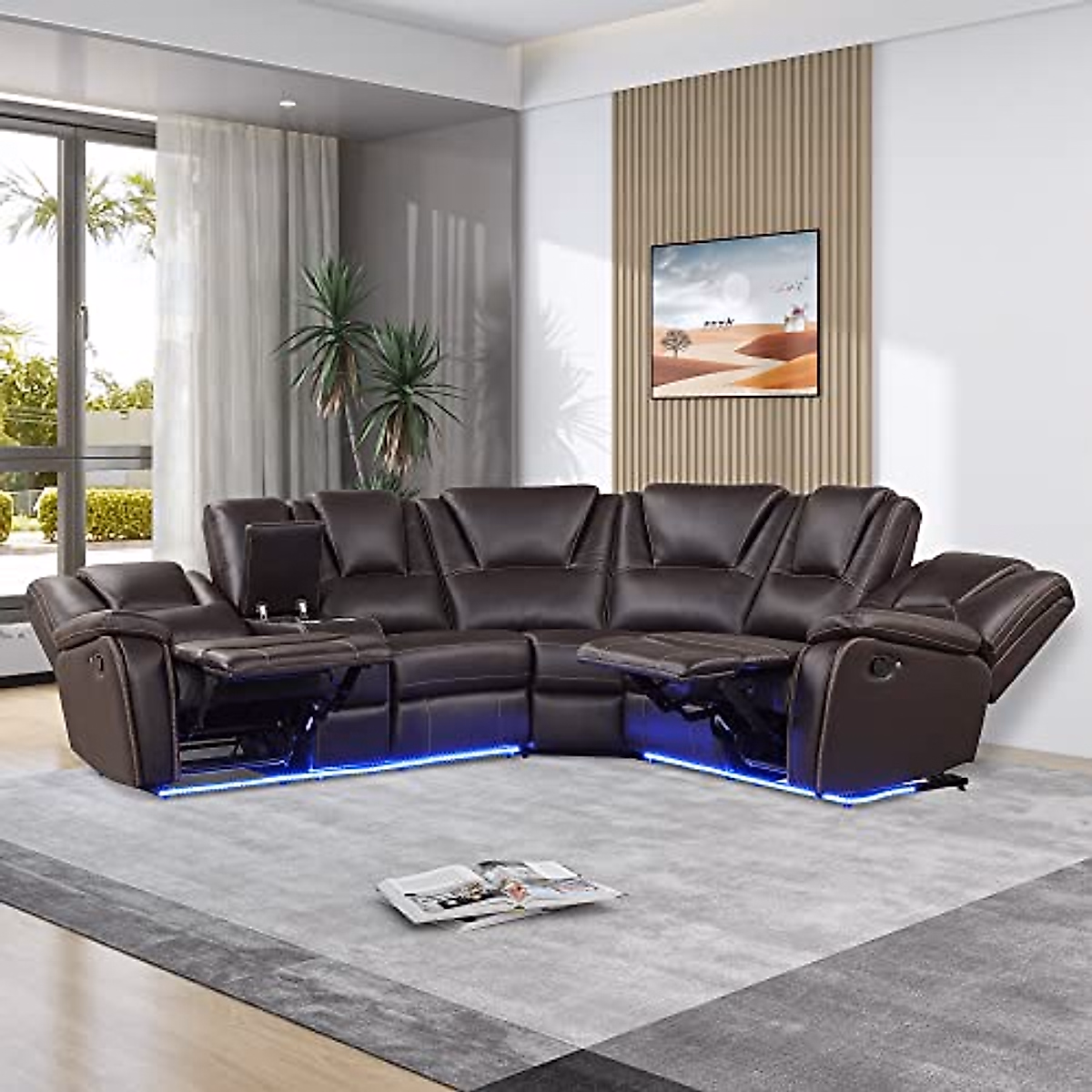 FANYE L-Shaped Manual Motion Sectional, PU Leather Upholstered Corner Recliner Sofa & Couch 2 Chaises W/Storage Console,Cupholders and LED Stripes for Home Apartment Living Room, Brown