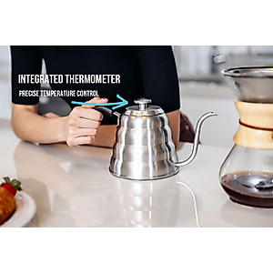 Barista Warrior Pour Over Coffee Kettle with Thermometer for Exact Temperature - Gooseneck Pour Over Kettle for Pour Over Coffee and Tea, Stainless Steel Kettle for all Stovetops (1.0 Liter, 34 fl oz)