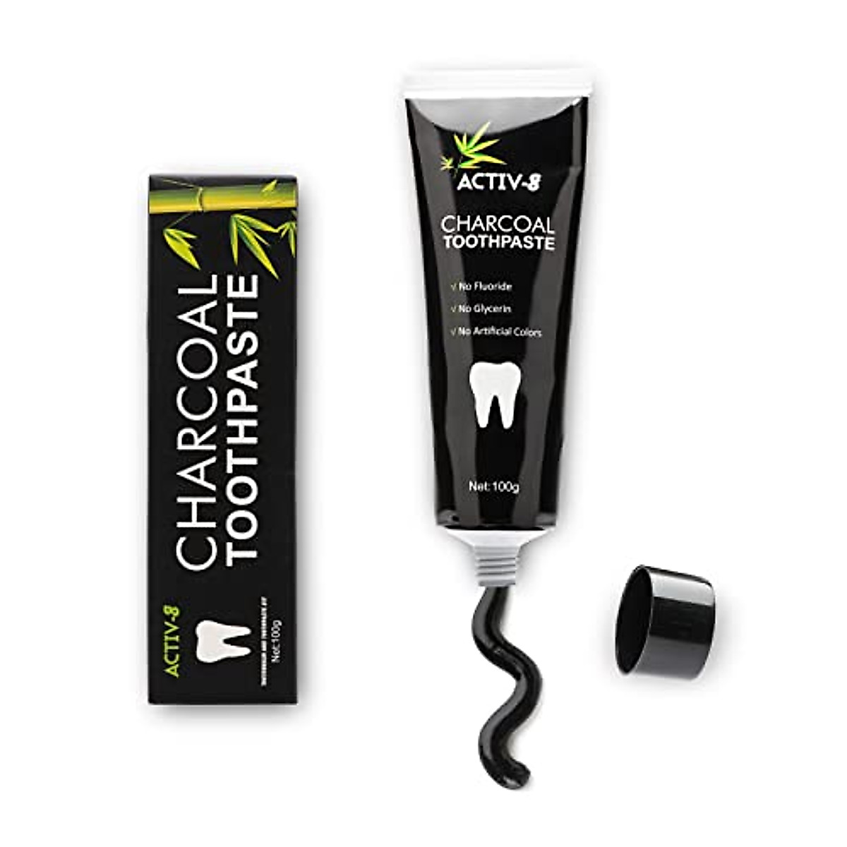 Activ-8 Activated Charcoal Toothpaste (100g) and Bamboo Toothbrush, Removes smoke and coffee stains, Vegan, Fluoride Free, Mint Flavour
