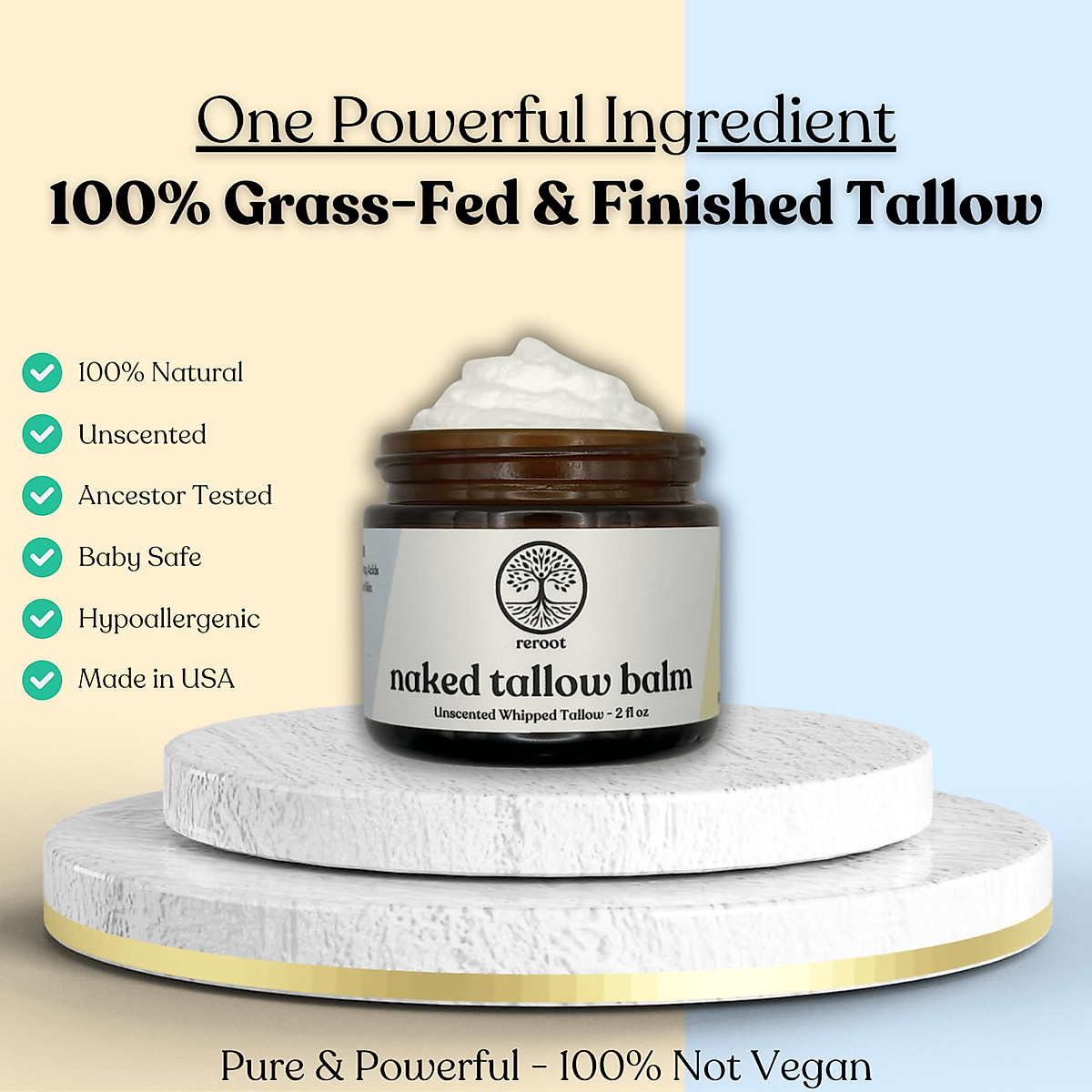 Handmade NAKED TALLOW BALM | 1 Ingredient - 100% Grass Fed Tallow | Whole Body & Face | Whipped & UNSCENTED for Sensititve Dry Skin, Babies, Eczema, Psoriasis, Rosacea (2oz)