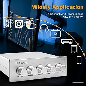 UCINNOVATE Bluetooth Stereo Audio Receiver Amplifier, Hi-Fi Class D Audio Amp with Subwoofer AUX Output, Bluetooth Power Amplifier 2.1 Channel Digital Amplifier for Home Speakers, 100W x 2 + 50W