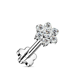 Dynamique Implant Grade Titanium Threadless Push In Flower Base Labret, Flat Back Studs With CZ Flower Top For Cartilage, Monroe (Sold Per Piece)