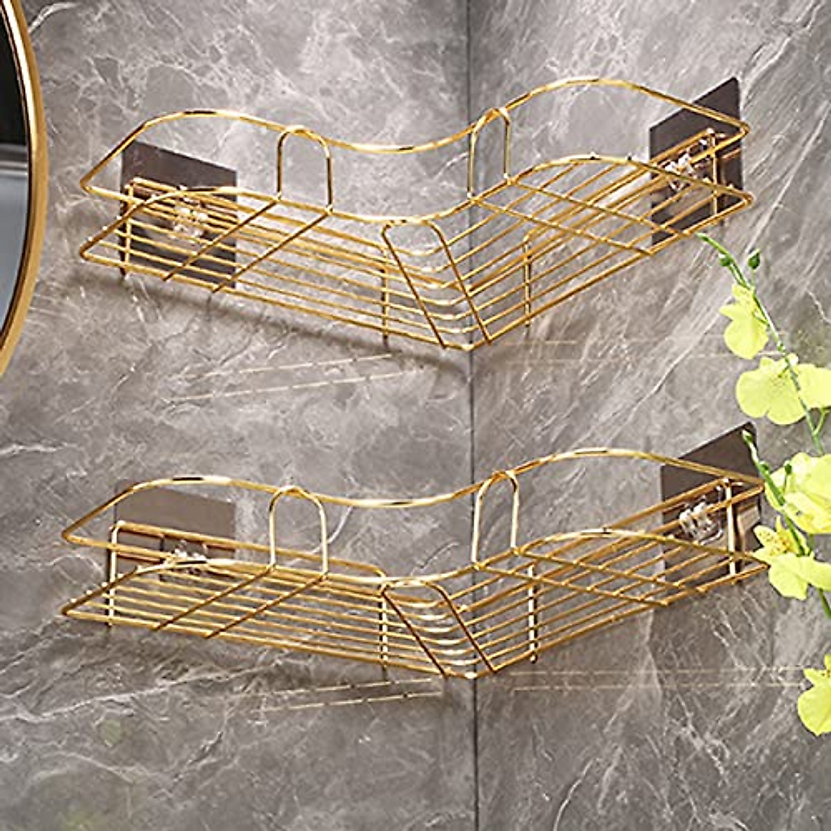 YZPFSD 2-Pack Shower Caddy Shelf, Suction Tray, Steel Storage Organizer for Bathroom,Kitchen,Laundry - Razor,Shampoo Holder Organizer,No Drilling Adhesive Only for 90 Degrees Right Angle,Gold