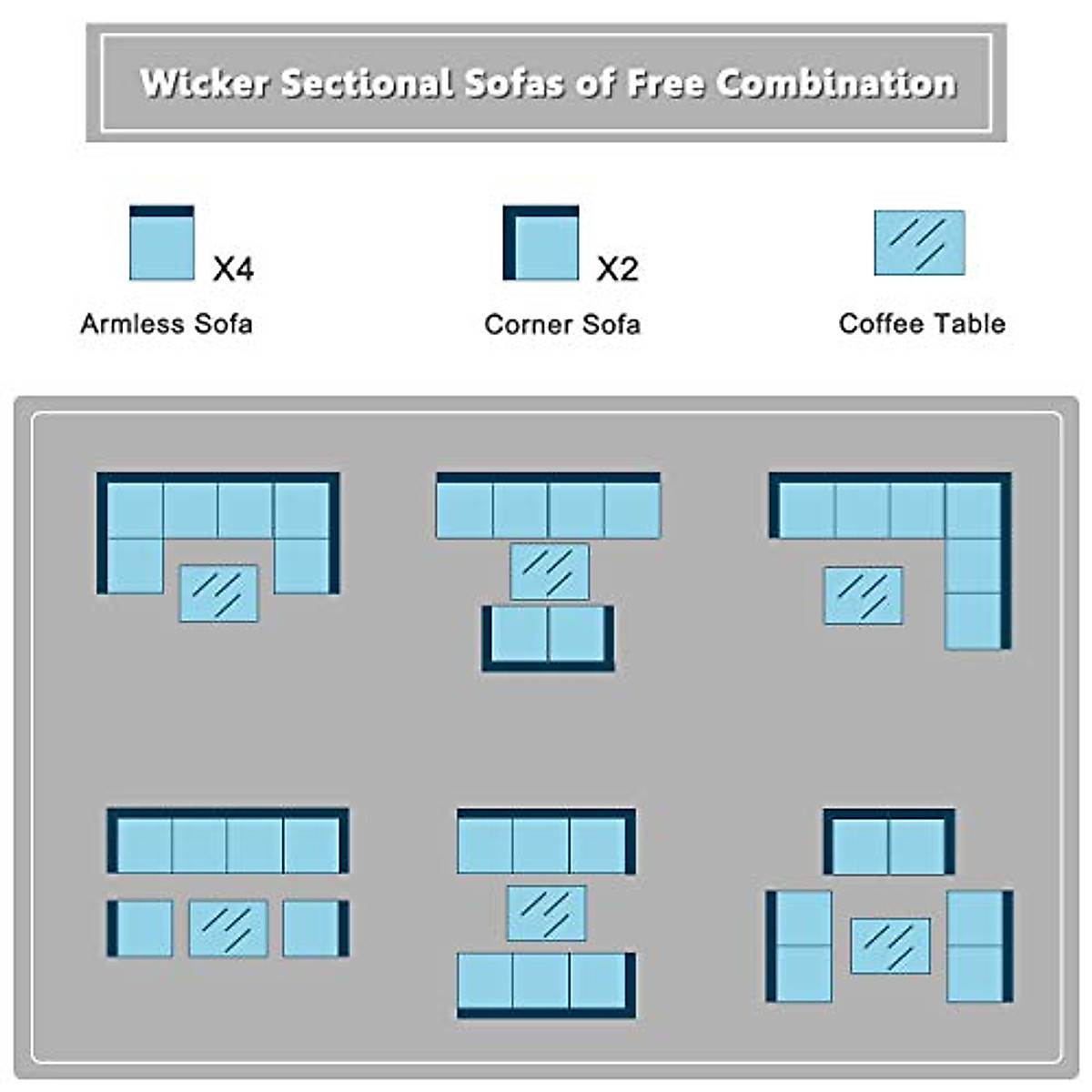 HAPPYGRILL 7-Pieces Patio Furniture Set Outdoor Rattan Wicker Sectional Sofa Set with Cushions & Pillows & Coffee Table for Garden Lawn