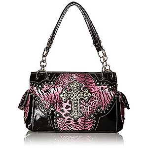 Western Cross Leopard Handbag Rhinestone Pocket Purse With Matching Wallet (PINK)
