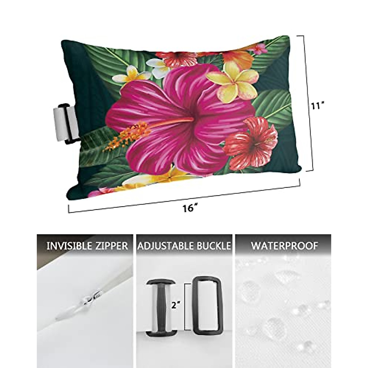 Recliner Head Pillow Ledge Loungers Chair Pillows with Insert Flower, Hibiscus Plumeria Rubra Lumbar Pillow with Adjustable Strap Outdoor Waterproof Patio Pillows for Beach Pool Chair, 2 PCS