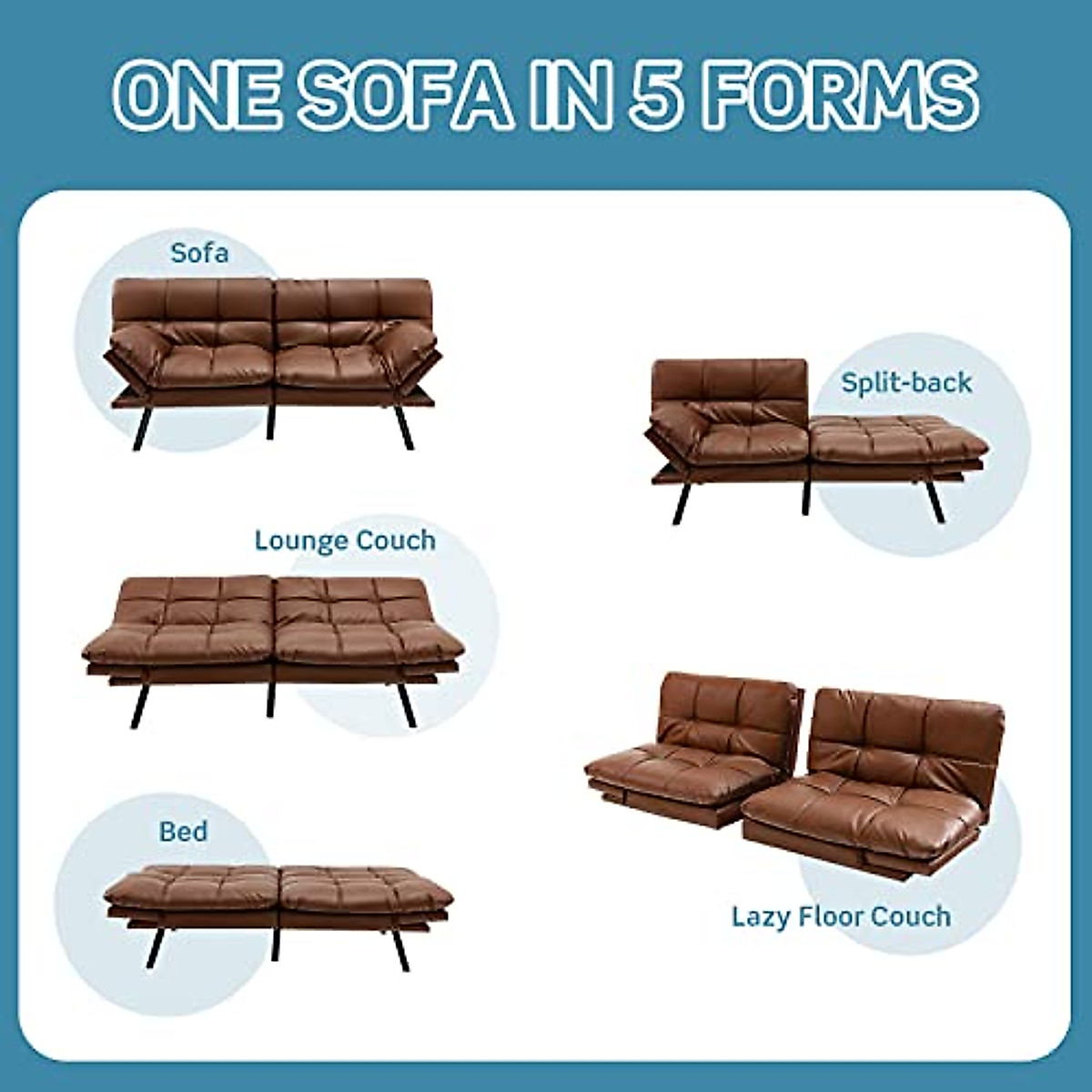 KOMFOTT Futon Sofa Bed, Faux Leather Memory Foam Convertible Futon Couch with Adjustable Backrest & Armrests, Metal Legs, Modern Loveseat Sleeper Bed Split-Back Sofa for Small Apartment & Office