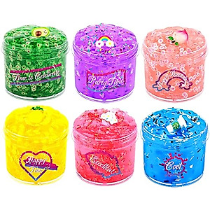 Clear Slime Kit 6 Pack, Premade Crunchy Slime Set DIY Birthday Slime Party Favors for Girls Boys 10-12, Non Sticky Jelly Cube Slime Cute Charms, Peach Cake Avocado Pineapple Crystal Clear Slime Kit