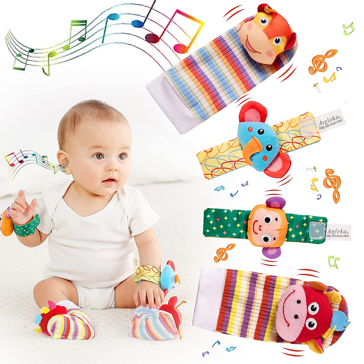 Rattle Sock Baby Toddlor Toy, Infant Toys 0-3 Months Rattle Toy Baby Toys 0-6 Months, 3 Month Old Development Toys, for Newborn Infant Baby Boy Girl Gifts, Baby Easter Basket Stuffers (4 PCS) (Animal)