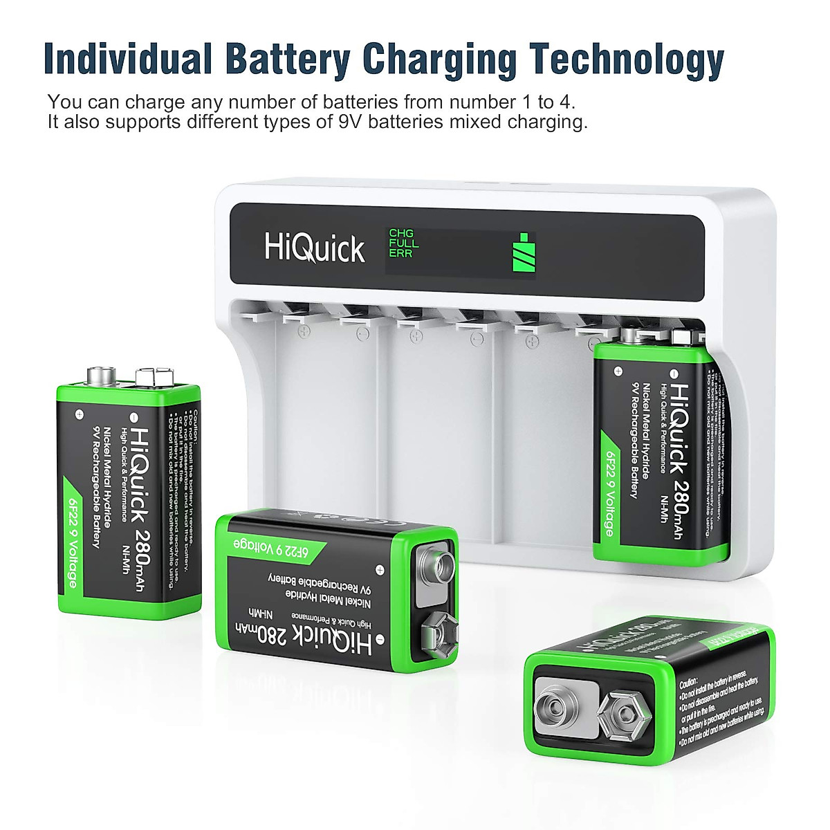 HiQuick 9 Volt Charger, 4 Bay LCD 9V Charger for 9V NiMH NiCD Li-ion Rechargeable Battery