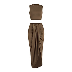 ZAFUL Women's Casual Sleeveless Summer Two Piece Outfits Solid Crop Top and Draped Ruched Maxi Skirt Set Solid Suiting (B-Brown, L)