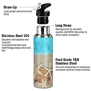 Oarencol Starfish Seashell Water Bottle Blue Sea Beach Stainless Steel Vacuum Insulated Thermos with Straw Lid 20 Oz