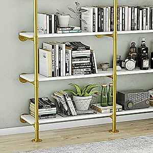 MAIKAILUN 6-Tier 60 inch Industrial Pipe Shelving, Gold Bookshelf, White and Gold Shelves, Modern Bookcase Metal Mid Century Open Wall Mount Decor Retail Shelving for Living Room(59.1x9.8x84.6)
