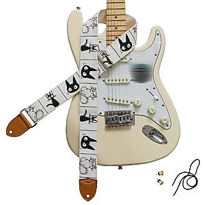 MUSIC FIRST Original Design, 2 inch width (5cm), Cute Comic Cat Soft Cotton Canvas & Genuine Leather Electric Guitar Strap Bass Strap (Comic Cat)