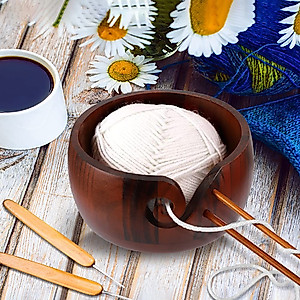 LucyPhy Wooden Yarn Bowl 6.7 x 3.2inch Handmade Craft Knitting Bowl Wool Storage Basket with Carved Holes & Drills for DIY Knitting Crocheting Accessories(Brown Color)