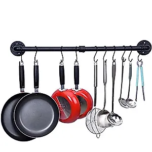 WuGeShop 38 Inch Pipe Pot Bar Rack, Wall Mounted Pan Hanging Rail Bar with 10 S Hooks, Kitchen Lids Utensil Spatula Hanger Organizer, Black