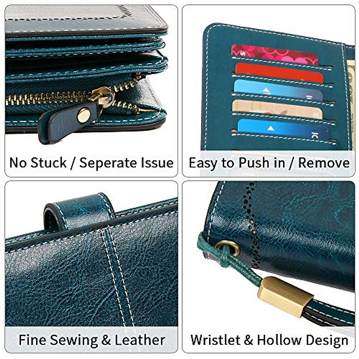 Pearl Angeli Women Wallet Genuine Leather Charming Ladies Wristlet Tri-fold Rfid Blocking Credit Card Holder Organizer Clutch Navy (Peacock Blue)