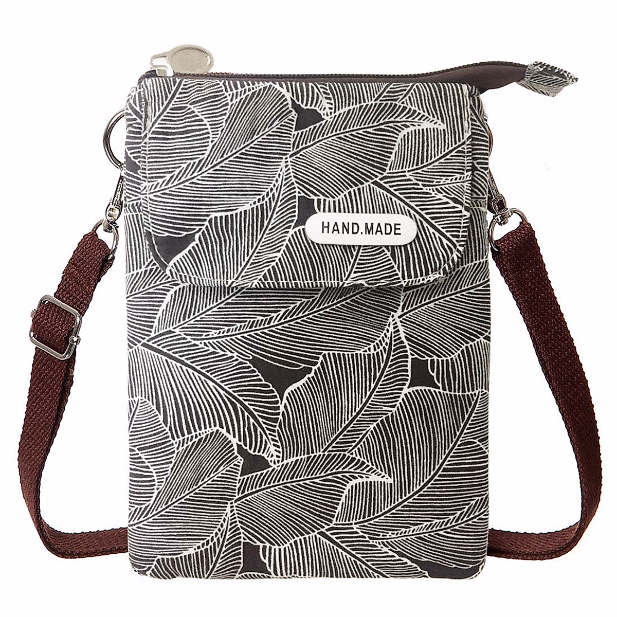 WITERY Small Canvas Cell Phone Purse Wallet- Handmade Cute Leaf Pattern Cross Body Phone Pouch with Shoulder Strap for Women Teen Girls