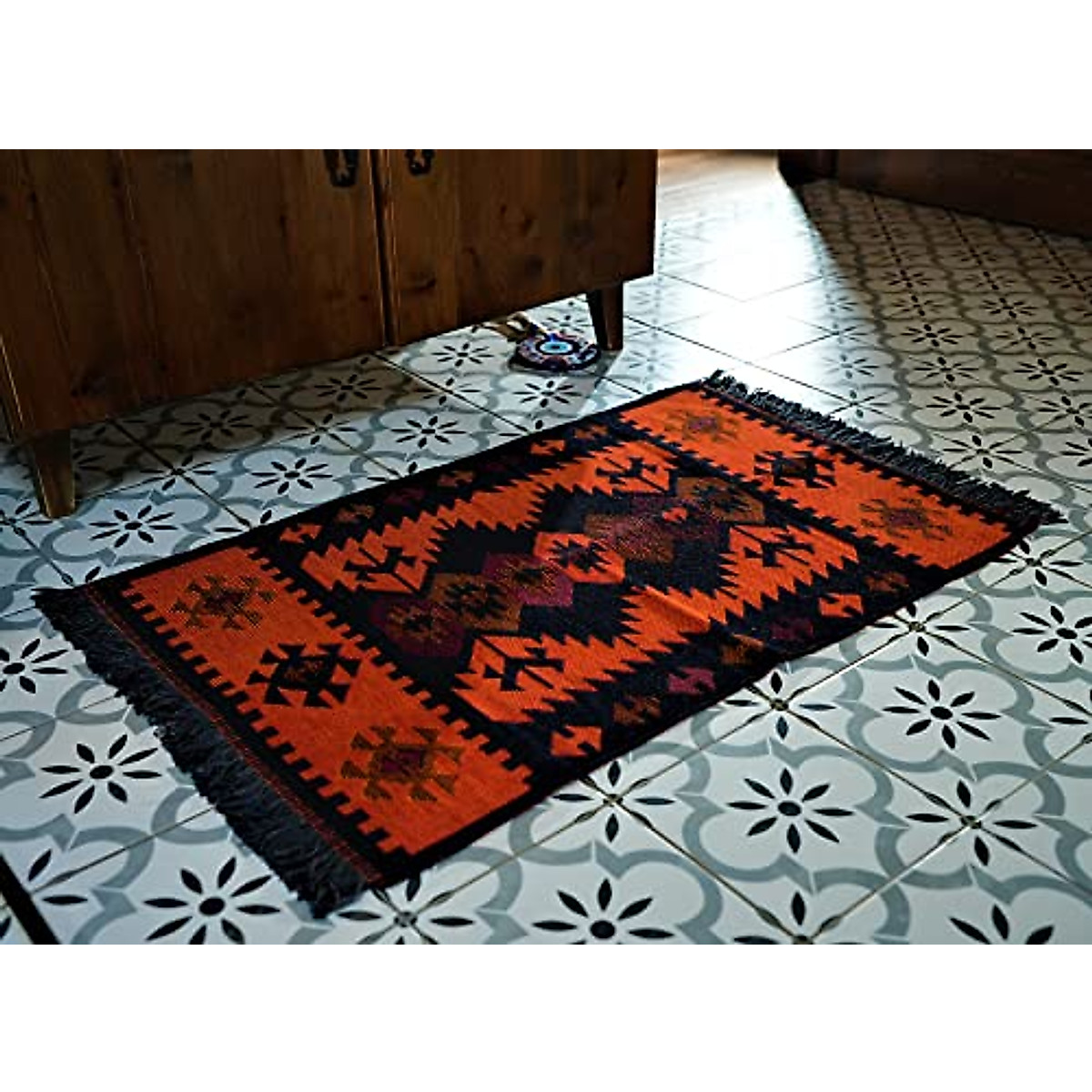 Secret Sea Collection Modern Bohemian Style Small Area Rug, 2' x 3' ft, Cotton, Washable, Reversible (Black-Orange)