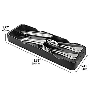 Compact Silverware Drawer Organizer, Cutlery Tray and Utensil Holder, Sturdiness and Non-slip Feet, Classic Small Kitchen Drawer Organizer Box Set for Flatware and Knifes Partition Storage (Black)