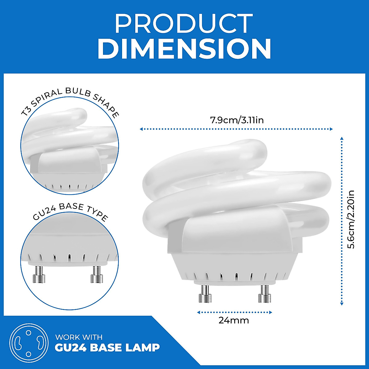 OHLECTRIC 2 Pack - Mini Spiral T3 Compact Fluorescent Light Bulbs - Twist and Lock GU24 Base Light Bulb - 120V - 13W - 800L - Two Pin Fluorescent Bulbs - 2700K - Warm White