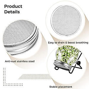 Homaisson 4 Packs Sprouting Jar Lids Sprouting Stand, Stainless Steel Mason Sprouting Jar Lids with 4 Jar Stands, 3.39inch Breathable Wide-Mouth Sprouting Jar Lids for 3.39inch Mason Jars, Grow Bean Sprouts, Broccoli Seeds, Alfalfa,