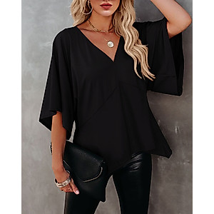 Womens V Neck 3/4 Bell Sleeve Blouse Tops Summer Loose Solid Kimono Shirt Patchwork Irregular Hem Tunic Black