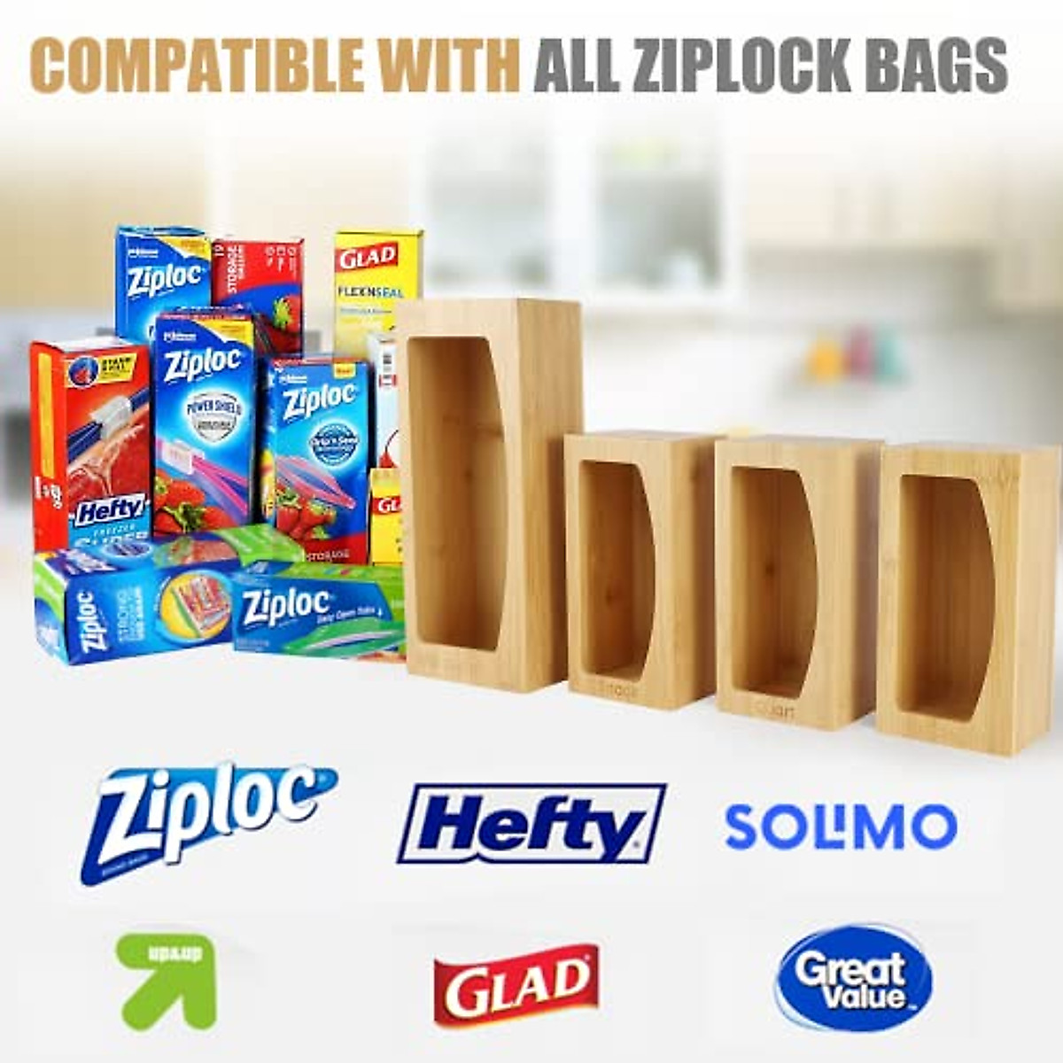 Vivnoon Ziplock Bag Organizer 4pcs Separate Bamboo Drawer Organizer, Food Storage Bag Organizer, Kitchen Baggie Organization Drawer for Gallon, Quart, Sandwich and Snack Bag