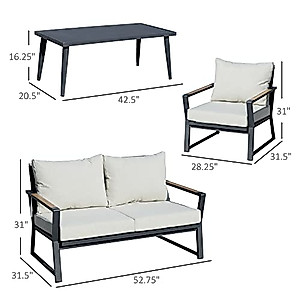 Outsunny 4 Piece Patio Furniture Set, Aluminum Conversation Set, Outdoor Garden Sofa Set with Armchairs, Loveseat, Center Coffee Table and Cushions, Cream White