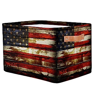 KOBLEN 4th Of July American Flag Wooden Storage Basket Collapsible Storage Cube Box Fabric Toys Storage Bins Large Organizer with Handles for Shelf Closet Bedroom Home Office