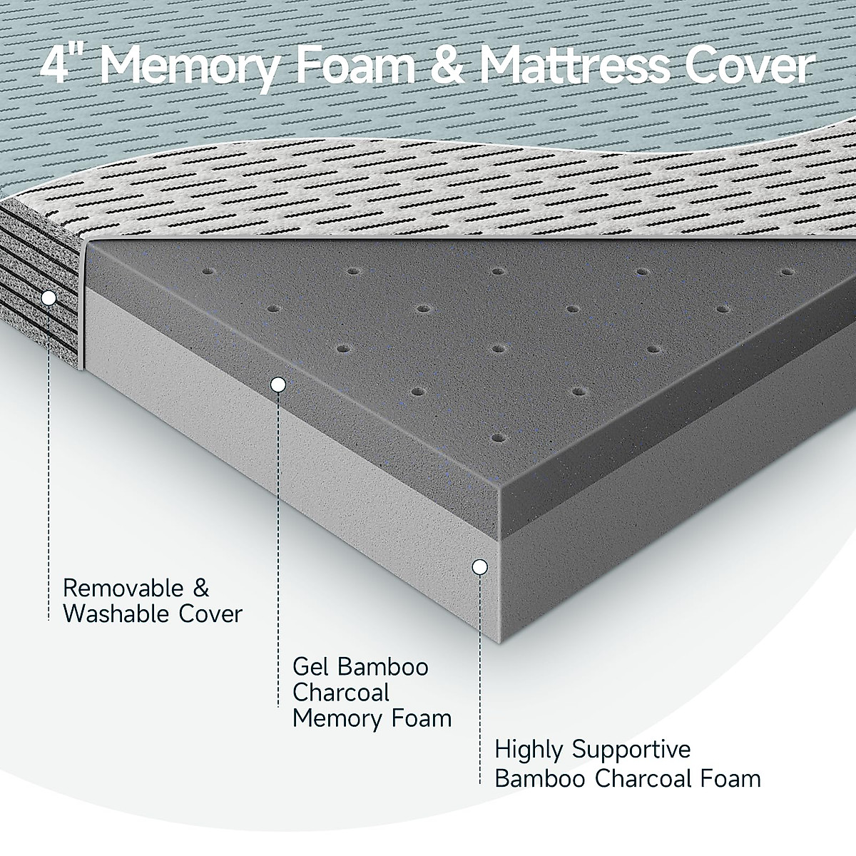 4 Inch Gel Bamboo Charcoal Memory Foam Mattress Topper with Removable Soft Cover, Queen Size, Dual Layer Foam Bed Topper for Back Pain, Pressure Relief, Soft Firmness - CertiPUR-US Certified