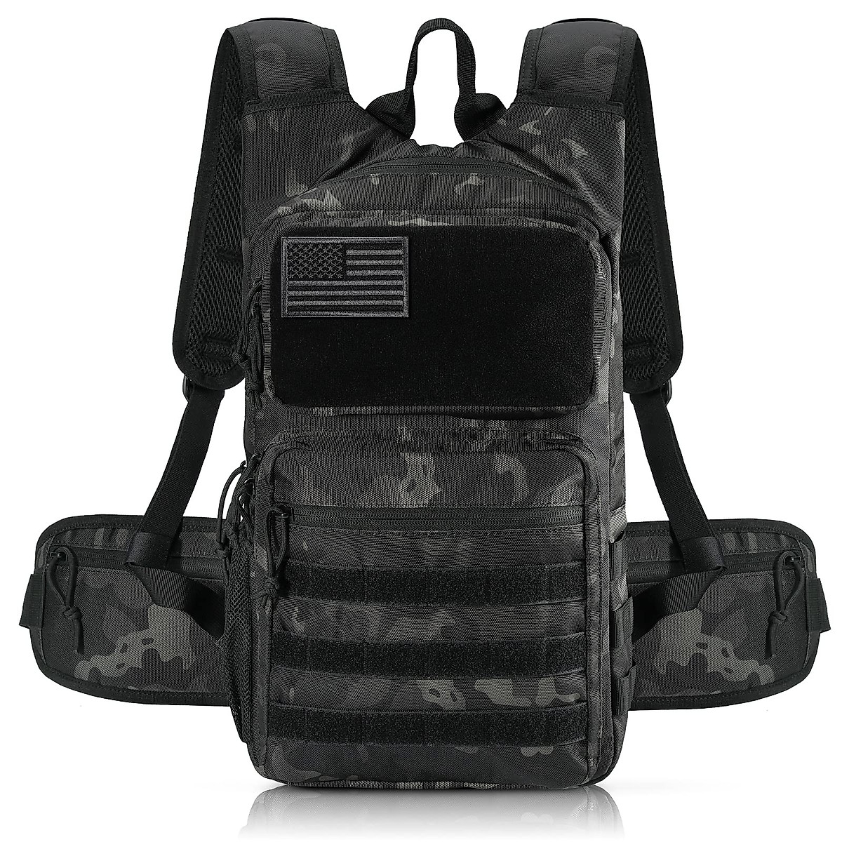 Tactical Hydration Pack Backpack, Military Molle Water Backpack for Hiking Running Cycling Climbing Hunting Fishing(No Water Bladder Included) (Black camo)